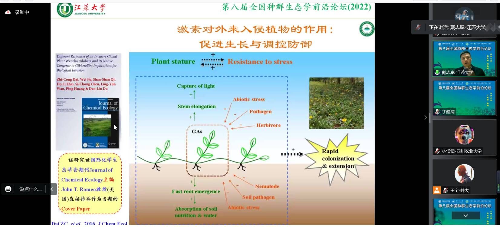 2022年11月26日我所戴志聪老师参加第八届全国种群生态学前沿论坛并作分会场专题报告 激素对外来入侵植物的作用:促进生长与防御调控” 环境生态研究所